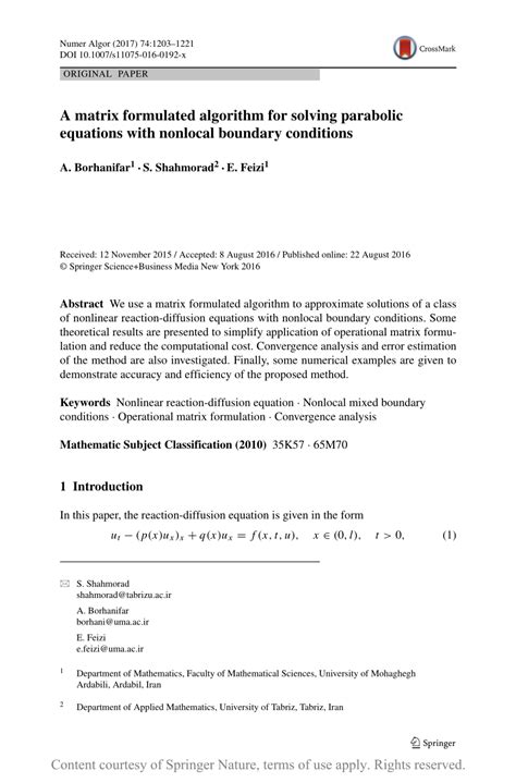 a matrix formulated algorithm for solving parabolic equations with nonlocal boundary conditions