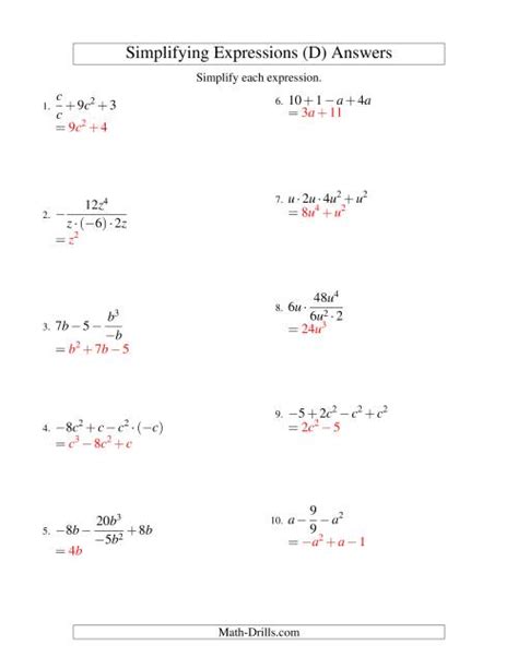 simplifying algebraic expressions with one variable and four terms all operations d