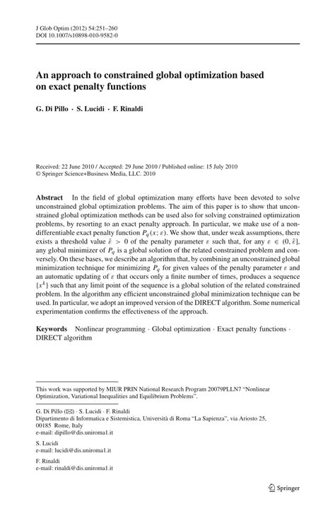 pdf an approach to constrained global optimization based on exact penalty functions