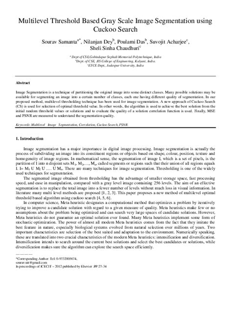 pdf multilevel threshold based gray scale image segmentation using cuckoo search sourav