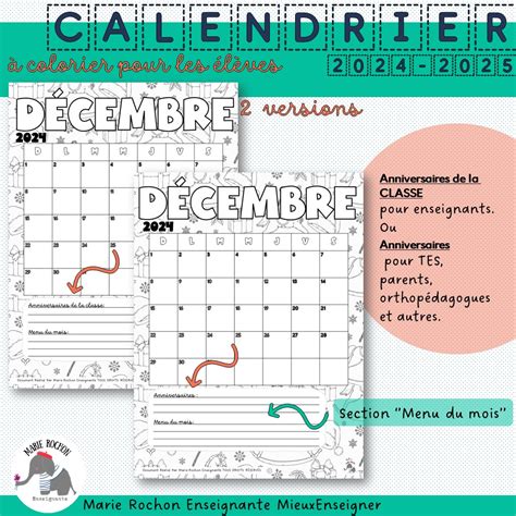 Calendrier à colorier 2024 2025