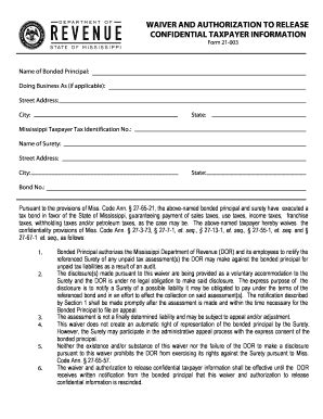 Fillable Online Dor Ms Waiver And Authorization To Release Confidential