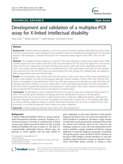 pdf development and validation of a multiplex pcr assay for x linked intellectual disability