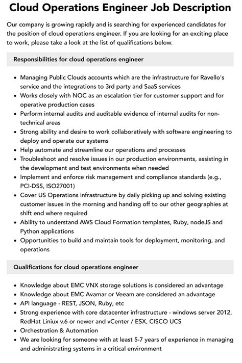Cloud Operations Engineer Job Description Velvet Jobs