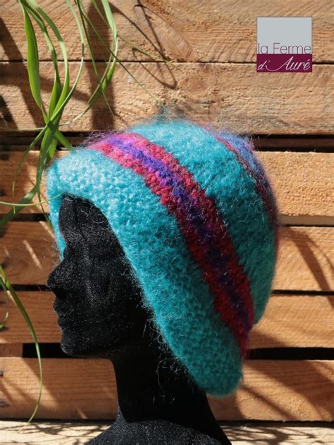 Bonnet Laine Mohair Lagon rayé Tricot main Mohair France