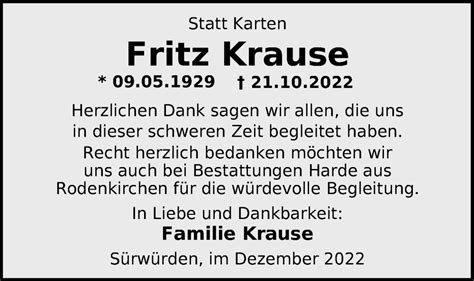 Traueranzeigen Von Fritz Krause Nordwest Trauer De