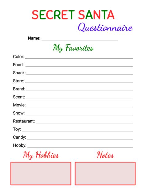 Free Printable Simple Colored Style Secret Santa Questionnaire Template