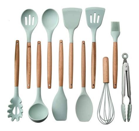 Jogo De Utensílios Cozinha De Silicone 12 Peças Cabo Madeira