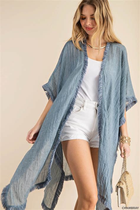 Soft Fabric Fringe Trim Cover Up Kimono Chambray Front Open Fringe