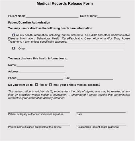 Printable Medical Records Release Form