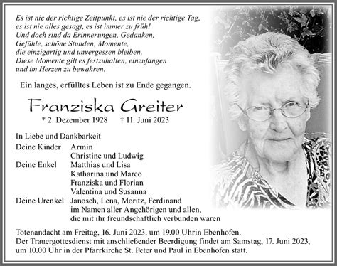 Traueranzeigen Von Franziska Greiter Augsburger Allgemeine Zeitung