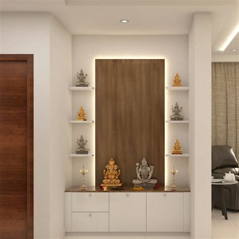 Compact Pooja Room Design With White Ledges Livspace