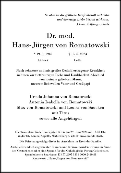 Traueranzeigen von Hans Jürgen von Romatowski Trauerportal der