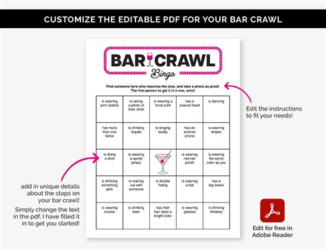 Editable Bar Crawl Bingo Game Printable Find Someone Who Bar Hopping