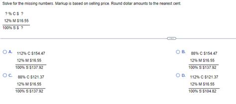 Solved Solve For The Missing Numbers Markup Is Based On Chegg