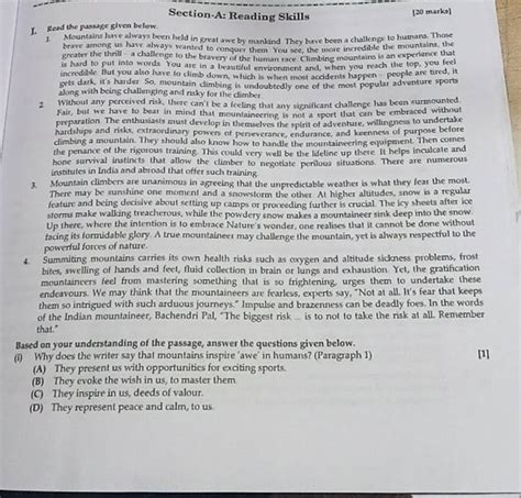 Section A Reading Skills I Read The Passage Given Below 1 Mountains H