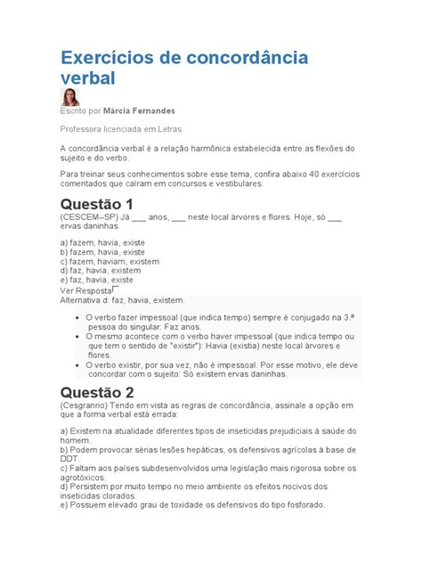 Exercícios de concordância verbal para o 6º ano confira o gabarito