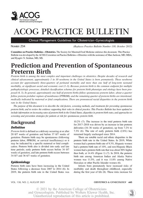 app 2021 prediction and prevention of spontaneous preterm birth acog practice bulletin