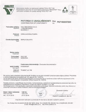 Fillable Online POTVRDA O USAGLASENOSTI Fax Email Print PdfFiller
