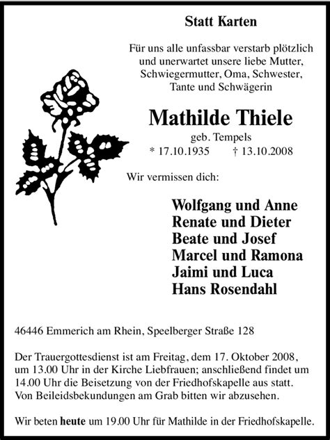 Traueranzeigen Von Mathilde Thiele Trauer In NRW De