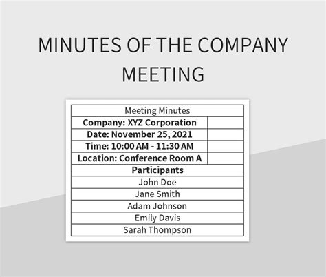 Minutes Of The Company Meeting Excel Template And Google Sheets File