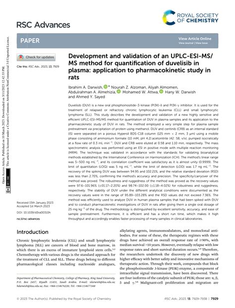 pdf development and validation of an uplc esi ms ms method for quantification of duvelisib in