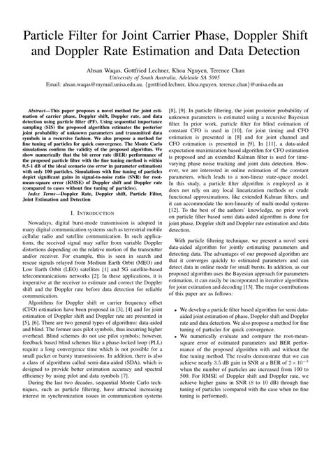 pdf particle filter for joint carrier phase doppler shift and doppler rate estimation and