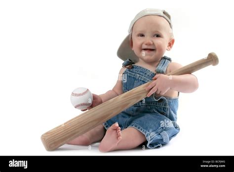 Cute Baby Boy Holding Baseball Bat And Ball Image Is A Bit Soft Stock