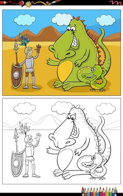 Dragones De Dibujos Animados Y Caballero Teniendo Una Charla Amistosa