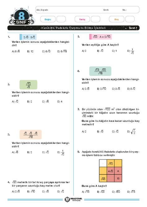 8 Sınıf Matematik Kareköklü İfadelerle Çarpma ve Bölme İşlemleri Test