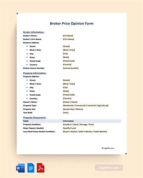 Broker Price Opinion Form Word PDF Google Docs Highfile
