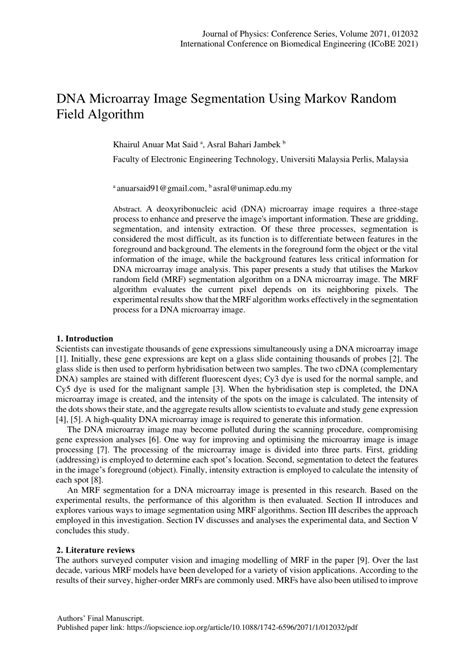 pdf dna microarray image segmentation using markov random field algorithm