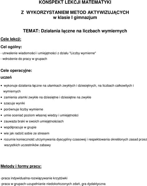 KONSPEKT LEKCJI MATEMATYKI Z WYKORZYSTANIEM METOD AKTYWIZUJĄCYCH w