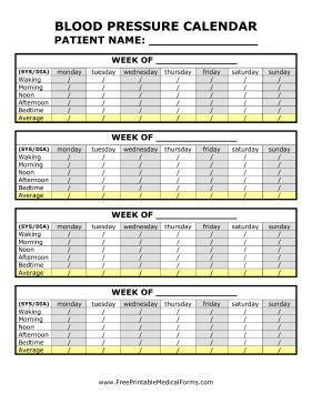 Printable Blood Pressure Calendar