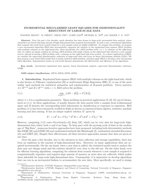 pdf incremental regularized least squares for dimensionality reduction of large scale data