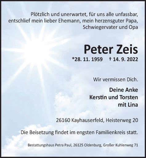Traueranzeigen Von Peter Zeis Nordwest Trauer De
