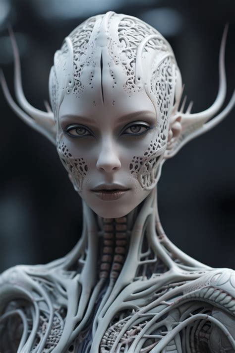 An Alien Woman With White Skin And Intricate Patterns On Her Body Looking At The Camera