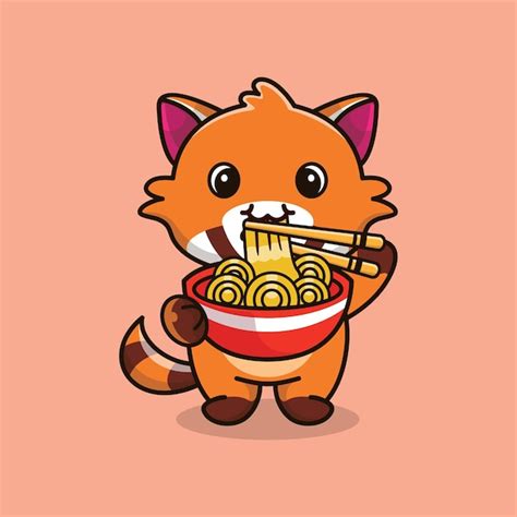 Lindo Panda Rojo De Pie Comiendo Fideos Ramen Con Ilustraci N De Icono