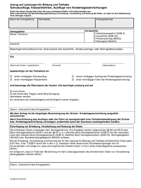 Ausfüllbar Online Antrag auf Leistungen fr Bildung und Teilhabe Fax