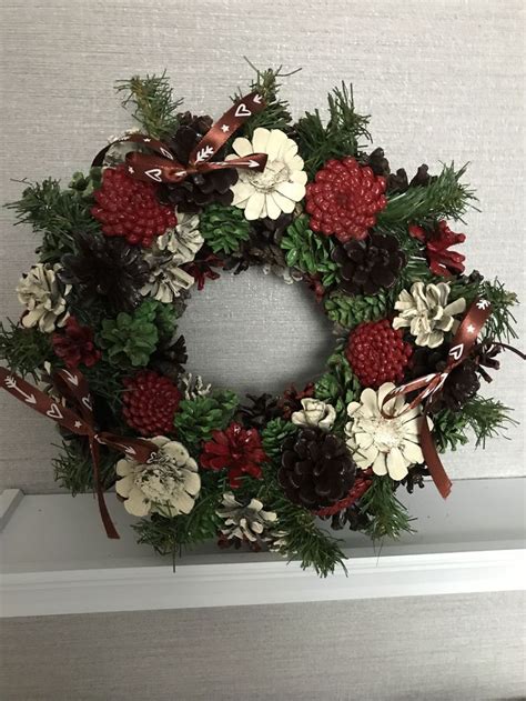 Christmas Wreath Holiday Wreath Pine Cone Wreath Red And White Wreath