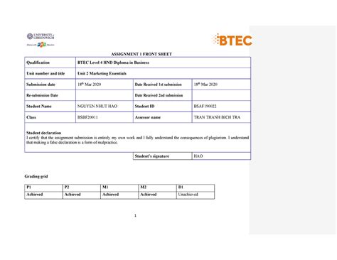 mkt essential asm1 nguyen nhut hao assignment 1 front sheet grading grid qualification