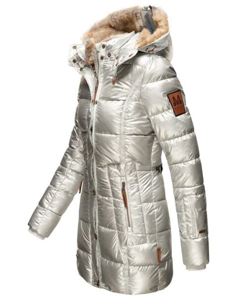 Marikoo warme Damen Steppmantel Winterjacke mit Kapuze Silber Größe S