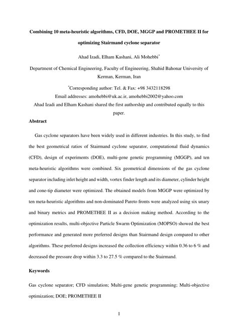 pdf combining 10 meta heuristic algorithms cfd doe mggp and promethee ii for optimizing