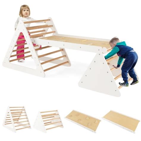 DREAMADE Triangle D Escalade En Bois Avec Toboggan Pour Enfants Pont