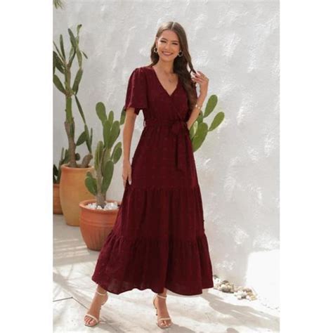 Robe Femme Ete Robe Longue Robe Manches Courtes Col en V Élegante