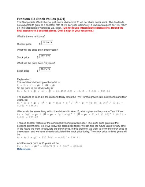 ch08 exercises stock valu written q q a problem 8 1 stock values lo1 the stopperside