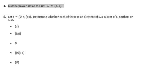 solved 4 list the power set or the set s {a b} 5 let s