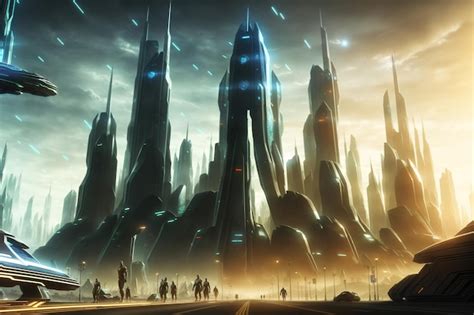 Ciudad de ciencia ficción con edificios de horizonte futurista arte