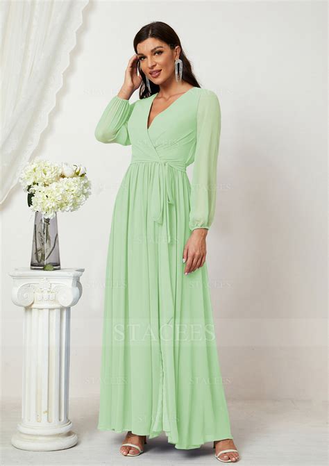 A Line V Neck Chiffon Long Floor Length Mother Of The Bride Dress With