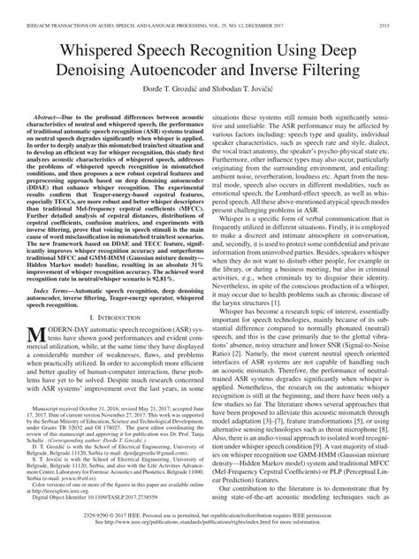 pdf whispered speech recognition using deep denoising autoencoder and inverse filtering